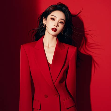 一个穿着红西装带着的女人，扎着头发，舞台背景，摄影写真，精致五官，皮肤白皙，杂志构图，影子，层次感，立体感，最佳质量，背景虚化，8k，红色背景，丁达尔光效，中景镜头1