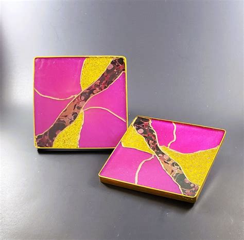 Elegant Kintsugi Pink Gold Square Coaster Set Drink Wedding Favor