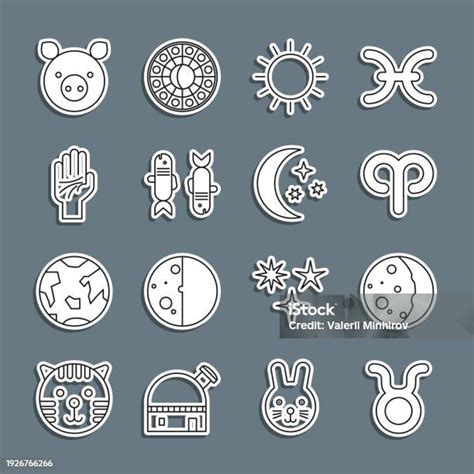 황소자리 조디악 태양의 일식 양자리 태양 물고기 자리 손바닥 손 돼지와 달 별 아이콘을 설정합니다 벡터 0명에 대한 스톡 벡터 아트 및 기타 이미지 Istock
