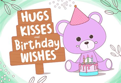 생일 소원 클립 아트 포스터 디자인 포옹 키스 생일 글은 귀여운 보라색 테디 베어와 함께 나무 표지판에 있습니다 귀여운에 대한 스톡 벡터 아트 및 기타 이미지 Istock