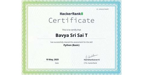 earned python basic certification from hackerrank bavya sri sai thatipudi posted on the