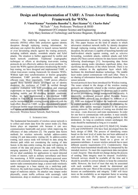 Design And Implementation Of Tarf A Trust Aware Routing Framework For