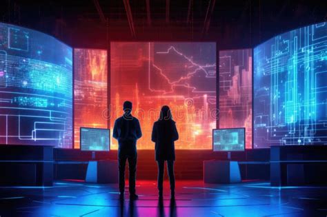 two persons standing in front of glowing monitors data charts and