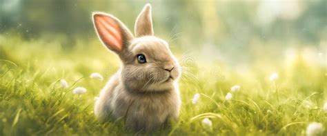 A Small Rabbit Sitting In A Field On Green Grass Stock Illustration