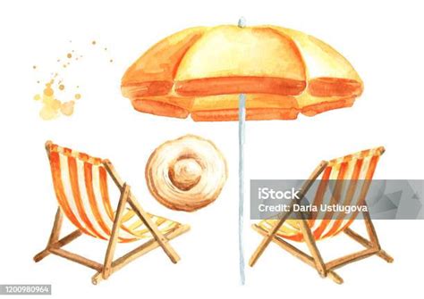 일광욕 용 라운저 일광욕 모자 및 해변 우산 세트 여름 휴가 개념 흰색 배경에 격리 된 손으로 그린 수채화 그림 0명에 대한