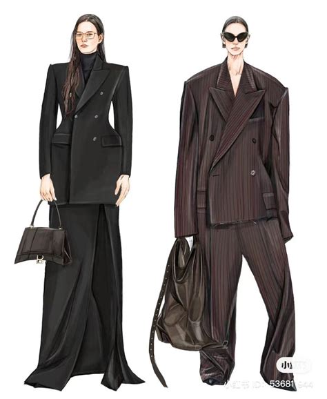 패션 디자인 스케치 여성용 정장과 바지 오른쪽에는 긴 검정색 와이드 레그 바지와 하이힐 짙은 회색의 세로 줄무늬가 있는 바지 왼쪽에는 짙은 갈색의 오버사이즈 재킷을