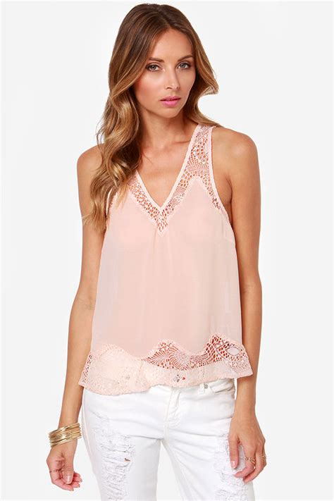 Pretty Peach Top Lace Top Tank Top 3400 Lulus