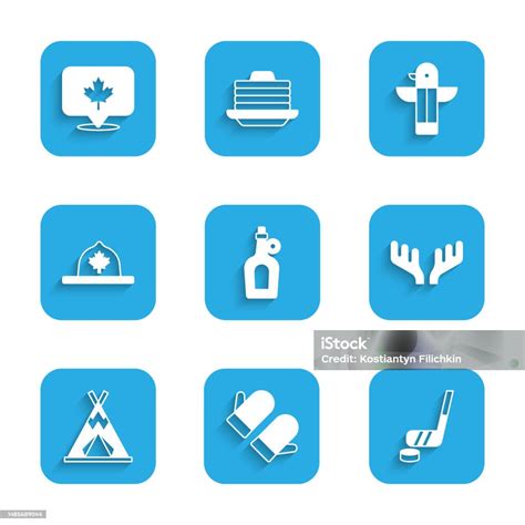 메이플 시럽 한 병 크리스마스 벙어리 장갑 아이스 하키 스틱과 퍽 사슴 뿔 인도 천막 또는 위그왐 캐나다 레인저 모자 토템 기둥 및 잎 아이콘을 설정합니다 벡터 0명에 대한