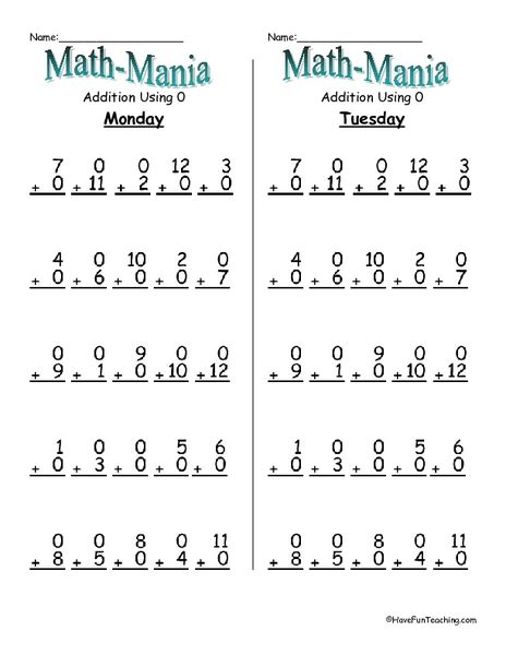 Zero Property Of Addition Worksheets Grade 1