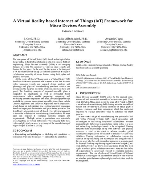 Pdf A Virtual Reality Based Internet Of Things Iot Framework For Micro Devices Assembly