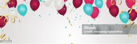 풍선 흰색과 빨간색 리본 색종이가있는 그랜드 오프닝 카드 디자인 멀티 컬러 기념일 일러스트 레이 션 가위에 대한 스톡 벡터 아트 및 기타 이미지 Istock