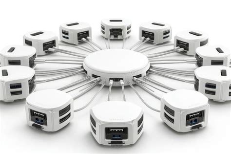 Circular Arrangement Of Black And White Network Hubs Connected With Cables Symbolizing