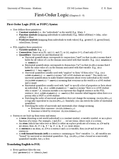 cs 540 lecture notes first order logic download free pdf first order logic