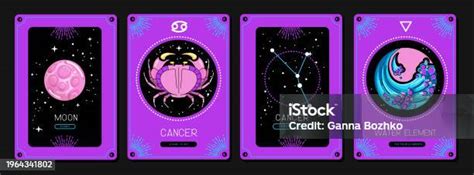 점성술 암 조디악 사인 특성과 형광 만화 마법 마법 카드 세트 벡터 일러스트 레이 션 갈고리 발톱에 대한 스톡 벡터 아트 및 기타 이미지 갈고리 발톱 게 게자리
