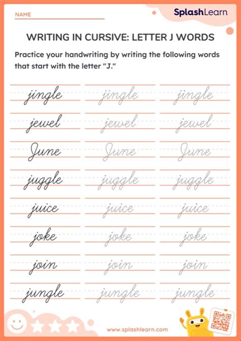Writing In Cursive Letter J Words Worksheet Printable English Sheet