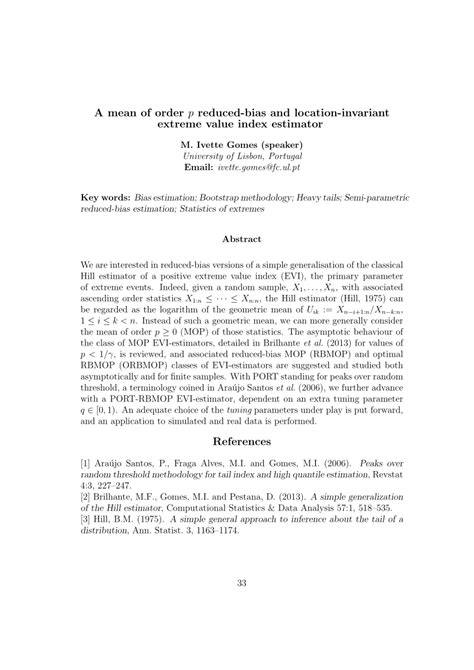Pdf A Mean Of Order P Reduced Bias And Location Invariant Extreme Value Index Estimator
