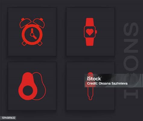 오일 알람 시계 스마트 시계와 아보카도 과일 아이콘 파이펫을 설정합니다 벡터 건강 진단에 대한 스톡 벡터 아트 및 기타 이미지 건강 진단 건강관리와 의술 검은색