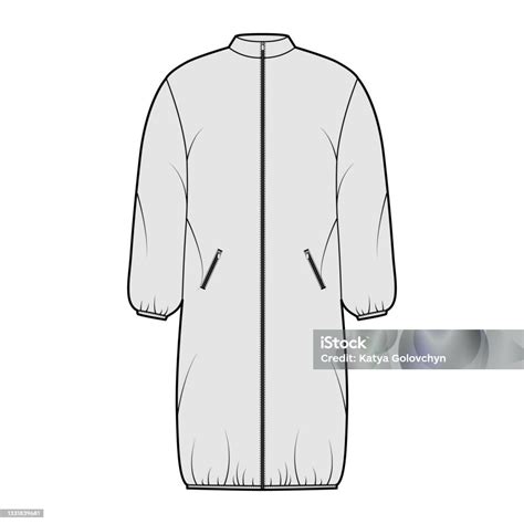 긴 소매 지퍼 업 클로저 포켓 박시 무릎 길이와 후드 재킷 퍼퍼 코트 기술 패션 일러스트 0명에 대한 스톡 벡터 아트 및 기타 이미지 Istock