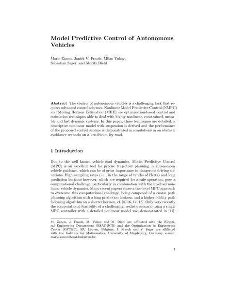 Pdf Model Predictive Control Of Autonomous Vehicles