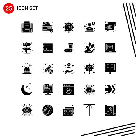 25 Universal Solid Glyph Signs Symbols Of Globe Bubble Gear Salesman Person Editable Vector