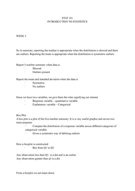 Stat 101 Week 3 Stat 101 Week 3 Stat 101 Introduction To Statistics Week 3 So In Summary