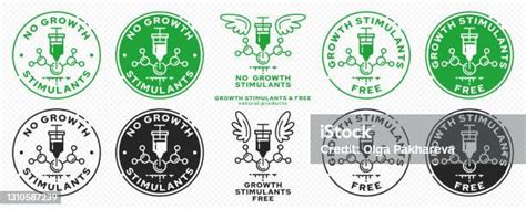 제품 포장을 위한 개념 라벨링 성장 각성제 없음 약물과 분자를 가진 주사기 분자의 주입 및 성장의 상징으로 벡터 집합입니다 0명에 대한 스톡 벡터 아트 및 기타 이미지