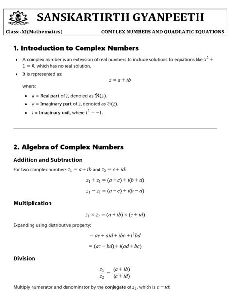 Complex Numbers And Quadratic Equations Pdf Complex Number