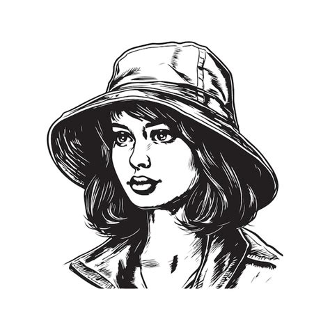 양동이 모자 빈티지 로고 개념 흑백 색상 손으로 그린 그림을 입고 여자 프리미엄 벡터