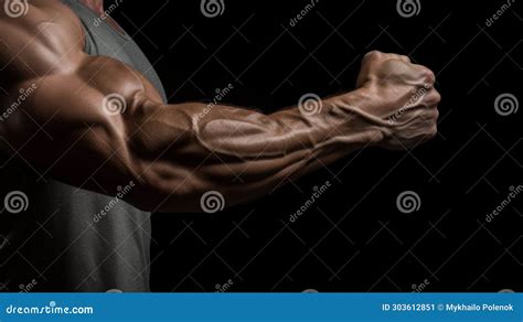Tense Arm Clenched Into Fist Veins Bodybuilder Muscles On A Dark Background Neural Network Ai