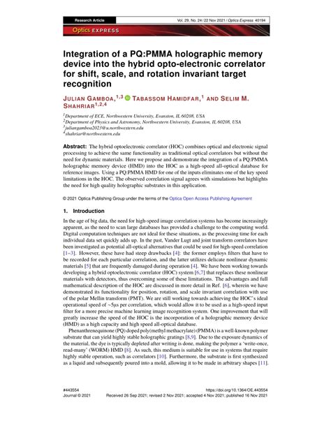 Pdf Integration Of A Pqpmma Holographic Memory Device Into The Hybrid Opto Electronic