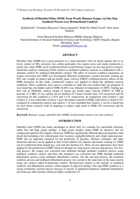 Pdf Synthesis Of Dimethyl Ether Dme From Woody Biomass Syngas Via One Step Synthesis Process