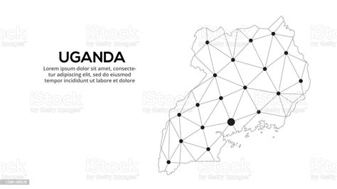 우간다 통신 네트워크 지도 도시의 형태로 조명이 있는 전역 맵의 낮은 폴리 이미지를 벡터로 표시합니다 별자리 음소거 및 별의 형태로 매핑합니다 0명에 대한 스톡 벡터 아트
