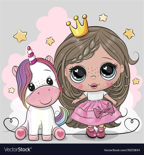 Cute Cartoon Fairy Tale Princess And Unicorn Vector Image