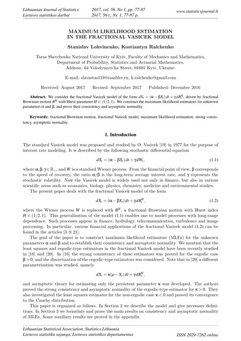 Pdf Maximum Likelihood Estimation In The Fractional Vasicek Model