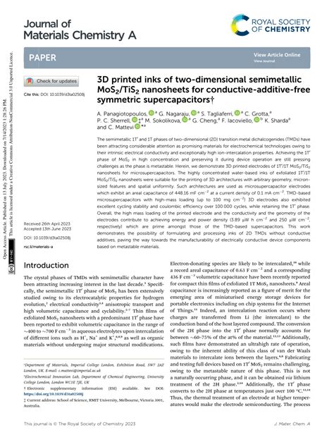 Pdf 3d Printed Inks Of Two Dimensional Semimetallic Mos 2 Tis 2