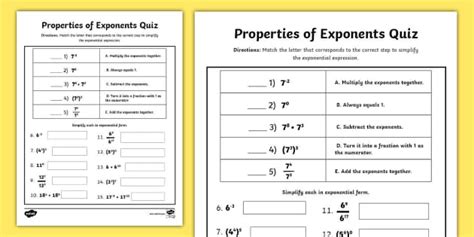 Eighth Grade Properties Of Exponents Quiz Teacher Made Worksheets Library