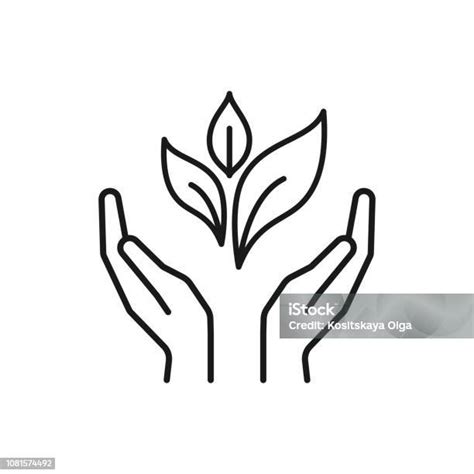 흰색 바탕에 손에 식물의 고립 된 검은 개요 아이콘입니다 잎과 손을의 선 아이콘입니다 관리 보호 자선의 상징입니다 손에 대한 스톡 벡터 아트 및 기타 이미지 Istock
