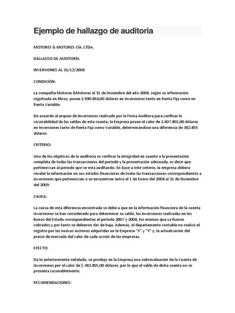 Ejemplo De Hallazgo De Auditoria