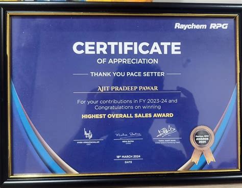 Glad To Inform You All That I Have Received The Highest Sales Award From Raychem Rpg Focus