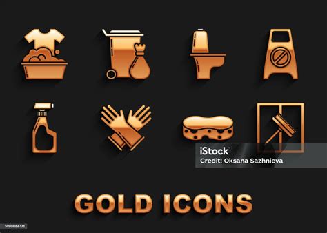 고무 장갑 젖은 바닥 및 청소 진행 중 스퀴지 스크레이퍼 와이퍼 스폰지 세제 액체가 담긴 청소 스프레이 병 변기 플라스틱 세야 비누 비눗물 및 쓰레기통 아이콘을 설정합니다