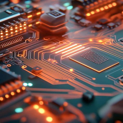 Intricate Orange Circuit Board With Glowing Microprocessor And Components Premium Ai Generated