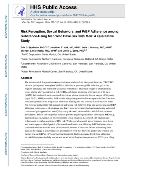 Pdf Risk Perception Sexual Behaviors And Prep Adherence Among Substance Using Men Who Have