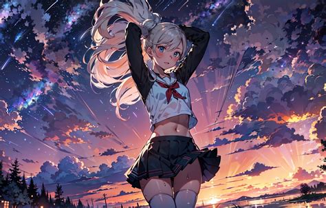 Wallpaper White Hair Mini Skirt Pretty Woman Crop Top Ann Takamaki Anime Illustration