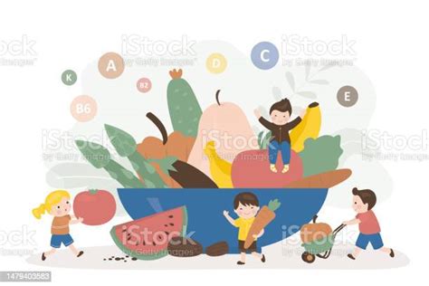 행복한 건강한 아이들 적절한 영양 섭취 야채와 과일 믹스가 들어간 큰 접시 많은 유용한 비타민을 함유 한 식품 성장하는 유기체를