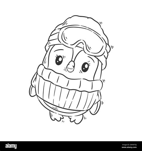 Cute Penguin Wearing Warm Clothes Cartoon Vector For Coloring Stock