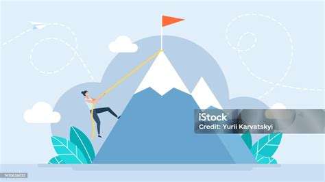 사업가는 산 꼭대기로 올라갑니다 성공 업적 진보 비즈니스 성장의 은유 목표를 달성하기위한 노력 등산 등산 평면 디자인 벡터 일러스트 레이 션 눈 냉동상태의 물에 대한 스톡