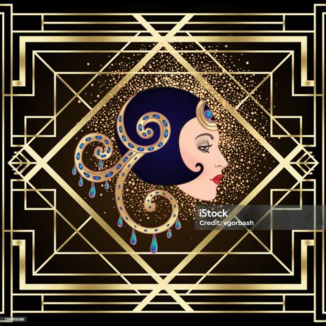 플래퍼 소녀의 그림과 아르 데코 빈티지 초대 템플릿 디자인 패턴과 프레임을 복고풍 파티 배경 세트 매력적인 이벤트에 대한 벡터입니다 1920 1929 년에 대한 스톡 벡터