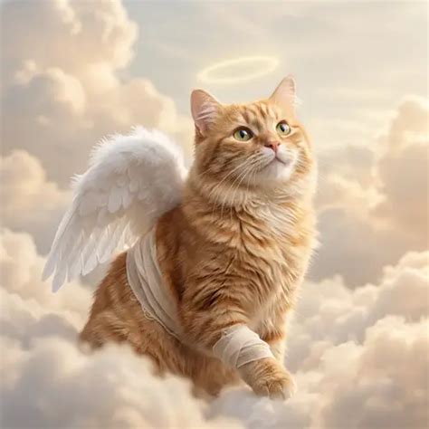 Realistic Red Cat With Angel Wings Ascends To Saintliness In Clouds