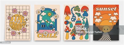 밝은 그루비 포스터 70 년대 무지개와 태양 빈티지 프린트 고립 된 환각적인 풍경이있는 복고풍 포스터 산에 대한 스톡 벡터 아트