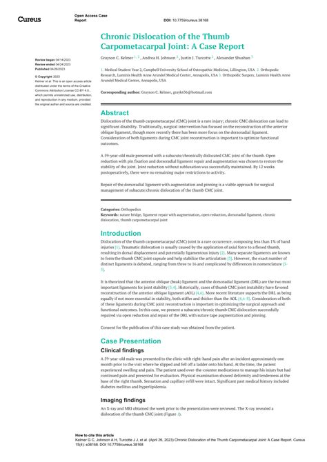 Pdf Chronic Dislocation Of The Thumb Carpometacarpal Joint A Case Report